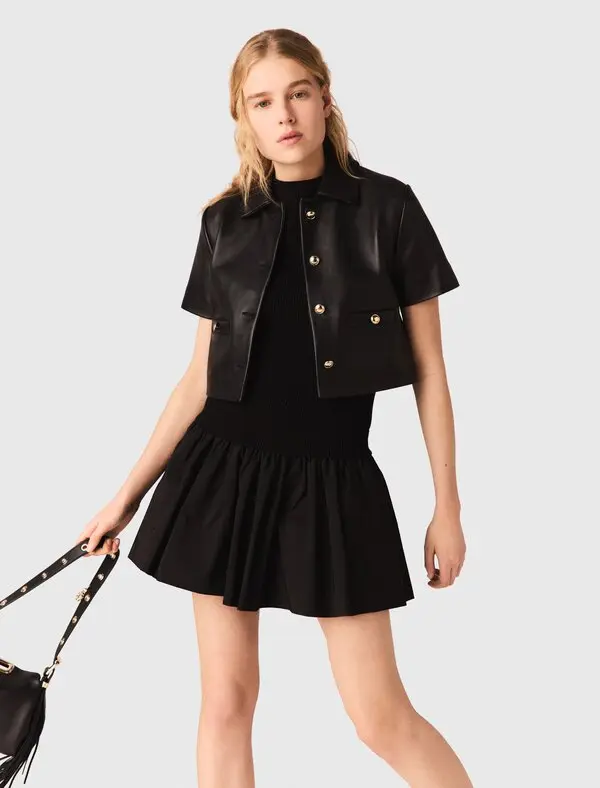 Maje Cropped Leather Jacket With Gold Button Embellishments - Black