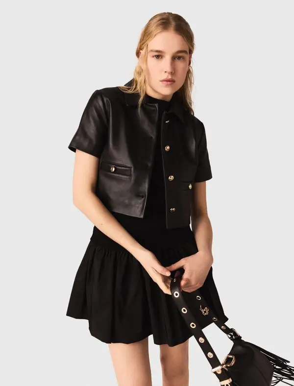 Maje Cropped Leather Jacket With Gold Button Embellishments - Black