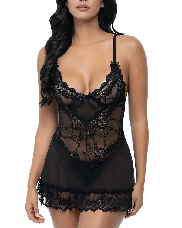 OH LA LA CHERI Valentine Soft Cup Lace Babydoll With Bows And G-string Panty - Black