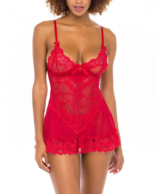 OH LA LA CHERI Valentine Soft Cup Lace Babydoll With Bows And G-string Panty - Red