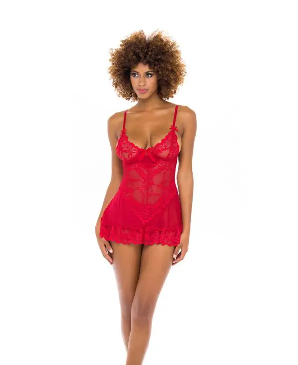 OH LA LA CHERI Valentine Soft Cup Lace Babydoll With Bows And G-string Panty - Red