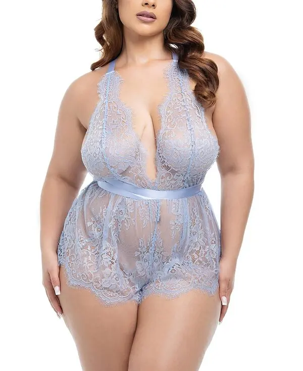 OH LA LA CHERI Brea Lace Romper With Open Back - Brunnera Blue