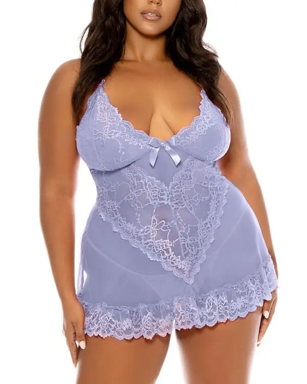 OH LA LA CHERI Plus Valentine Soft Cup Lace Babydoll With Bows And G-string Panty - Brunnera Blue