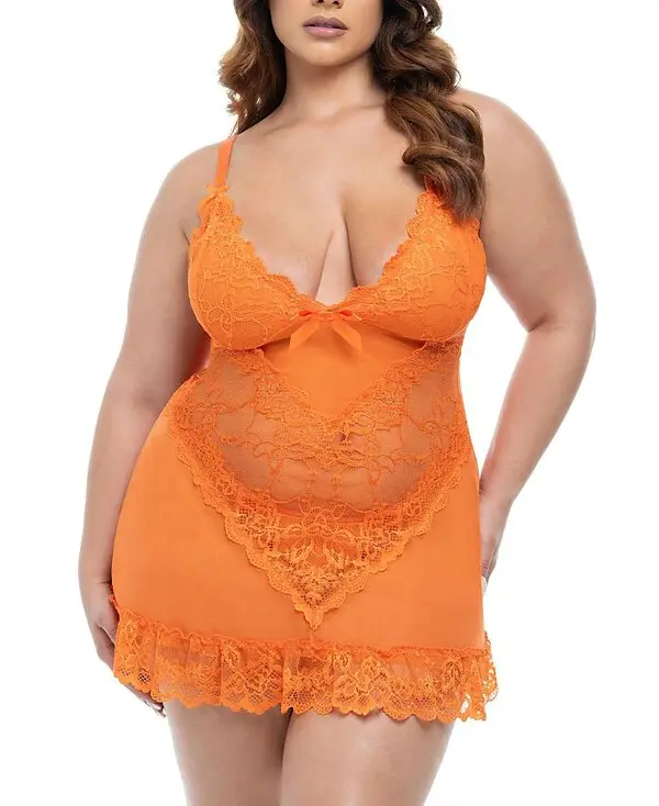 OH LA LA CHERI Plus Valentine Soft Cup Lace Babydoll With Bows And G-string Panty - Dragon Fire