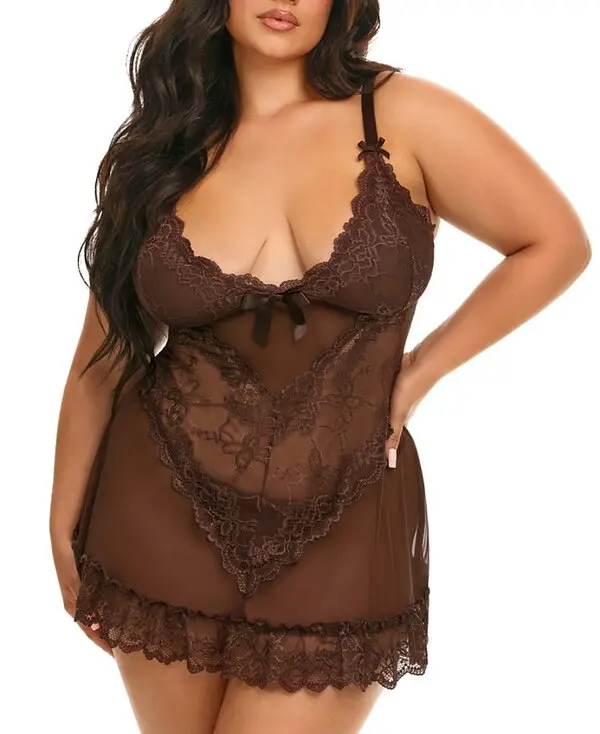 OH LA LA CHERI Plus Valentine Soft Cup Lace Babydoll With Bows And G-string Panty - Puce