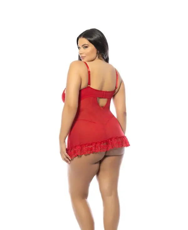 OH LA LA CHERI Plus Valentine Soft Cup Lace Babydoll With Bows And G-string Panty - Red