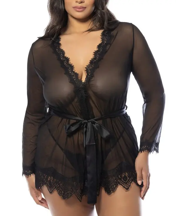 OH LA LA CHERI Provence Eyelash Lace Robe With Sash And G-string Panty - Black
