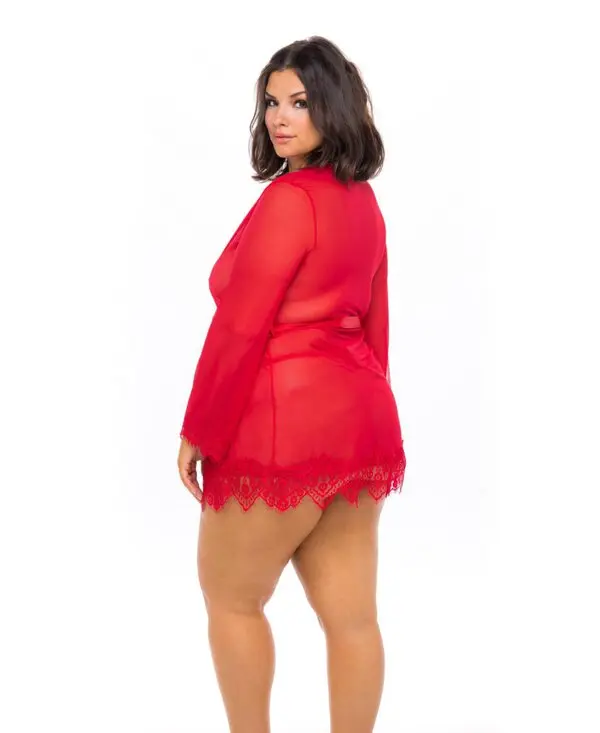 OH LA LA CHERI Provence Eyelash Lace Robe With Sash And G-string Panty - Red