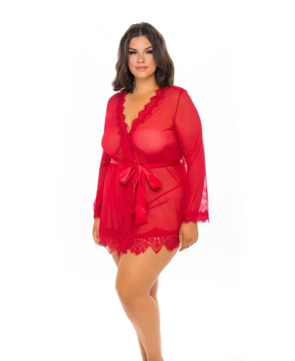 OH LA LA CHERI Provence Eyelash Lace Robe With Sash And G-string Panty - Red