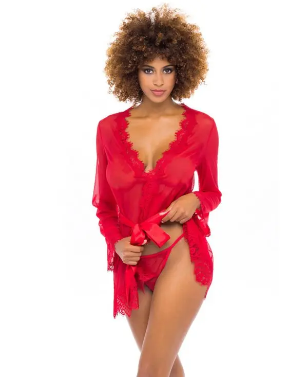 OH LA LA CHERI Provence Eyelash Lace Robe With Sash And G-string Panty - Red