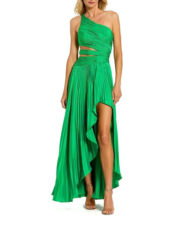 Mac Duggal One Shoulder Pleated Charmeuse Gown With Slit - Spring Green