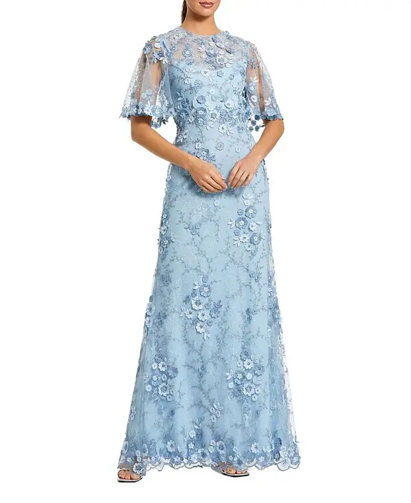 Mac Duggal Flutter Sleeve Floral Embroidered Net Gown - French Blue