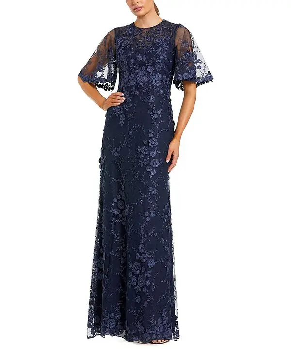 Mac Duggal Flutter Sleeve Floral Embroidered Net Gown - Midnight