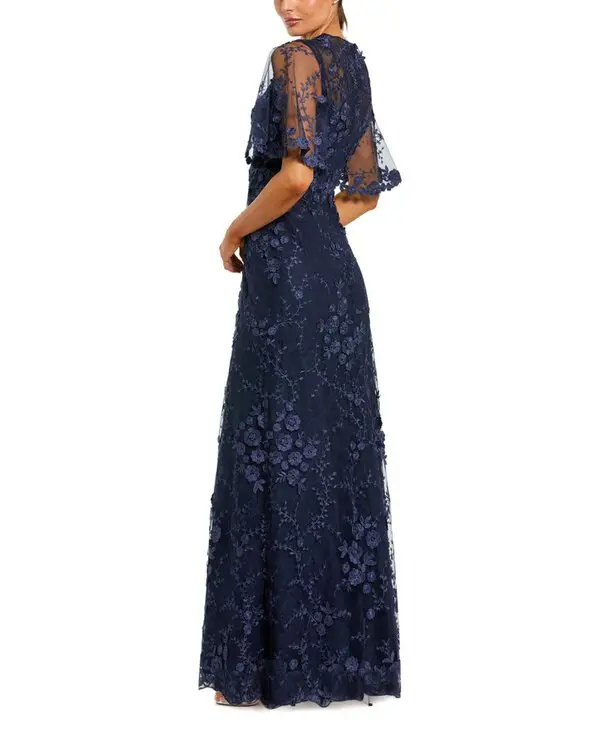 Mac Duggal Flutter Sleeve Floral Embroidered Net Gown - Midnight