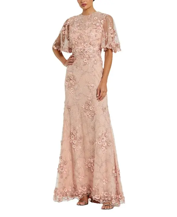 Mac Duggal Flutter Sleeve Floral Embroidered Net Gown - Rose