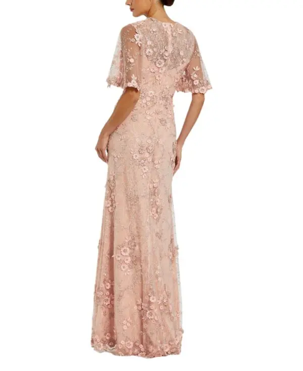Mac Duggal Flutter Sleeve Floral Embroidered Net Gown - Rose