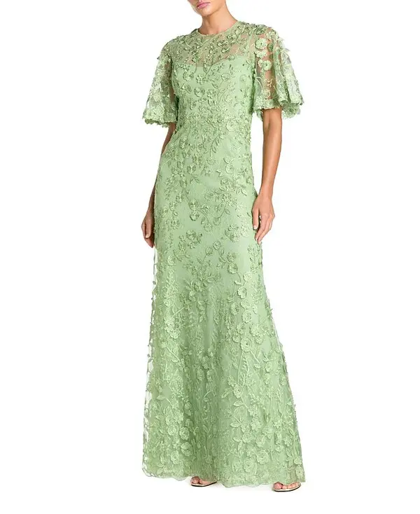 Mac Duggal Flutter Sleeve Floral Embroidered Net Gown - Sage