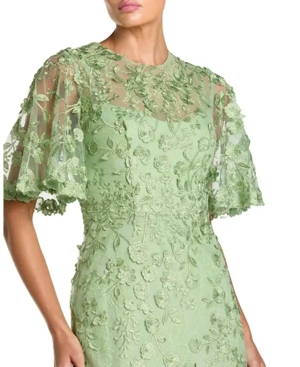 Mac Duggal Flutter Sleeve Floral Embroidered Net Gown - Sage