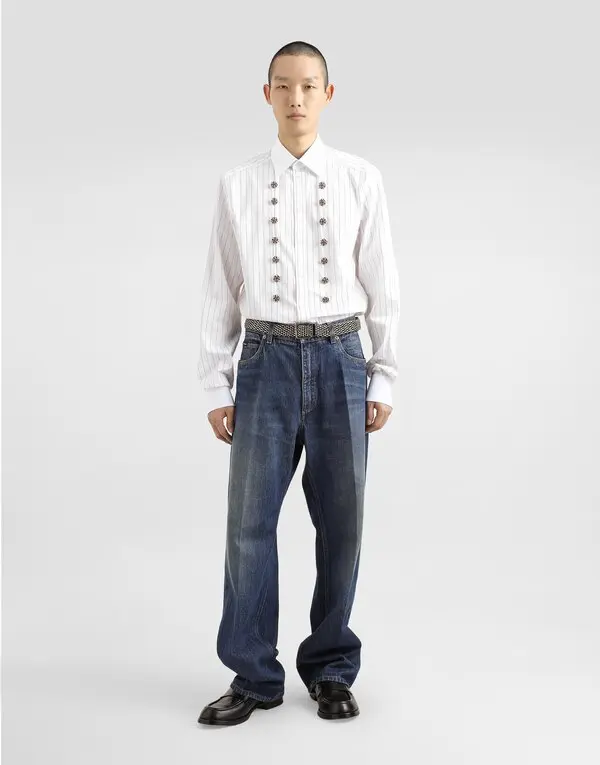 Dolce & Gabbana Striped Cotton Shirt With Bejeweled Details - Multicolor