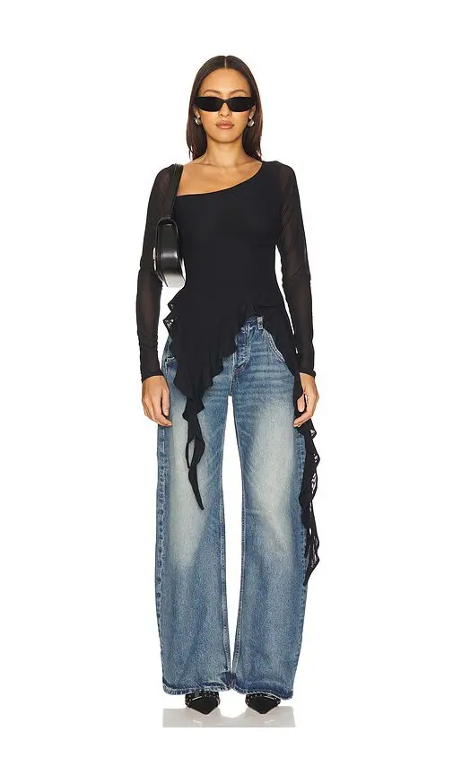AFRM Doris Asymmetric Ruffle Mesh Top