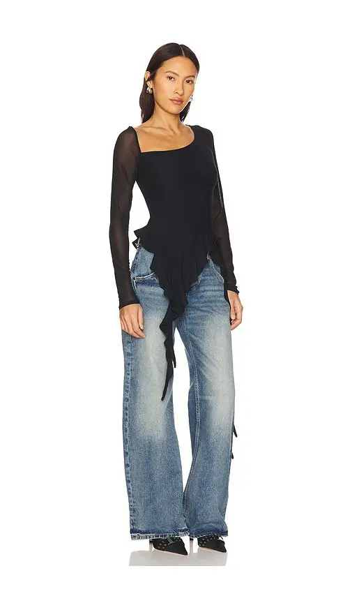 AFRM Doris Asymmetric Ruffle Mesh Top