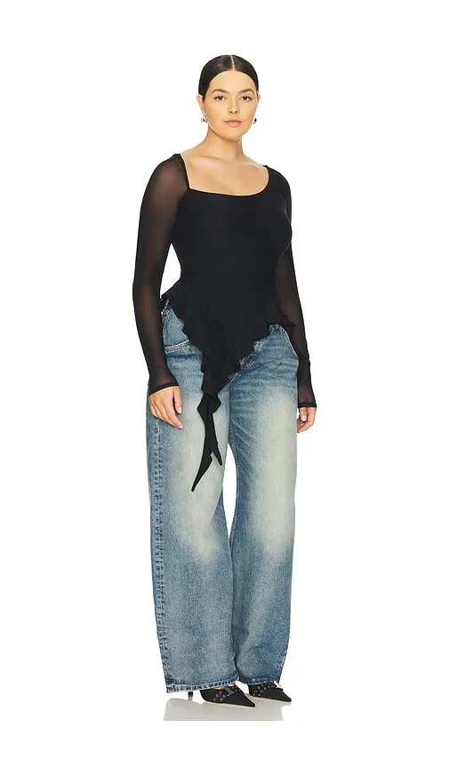 AFRM Doris Asymmetric Ruffle Mesh Top