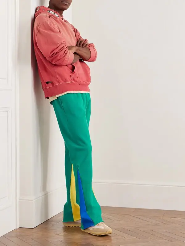 GALLERY DEPT. Flared Denim-panelled Logo-print Cotton-jersey Sweatpants - Green