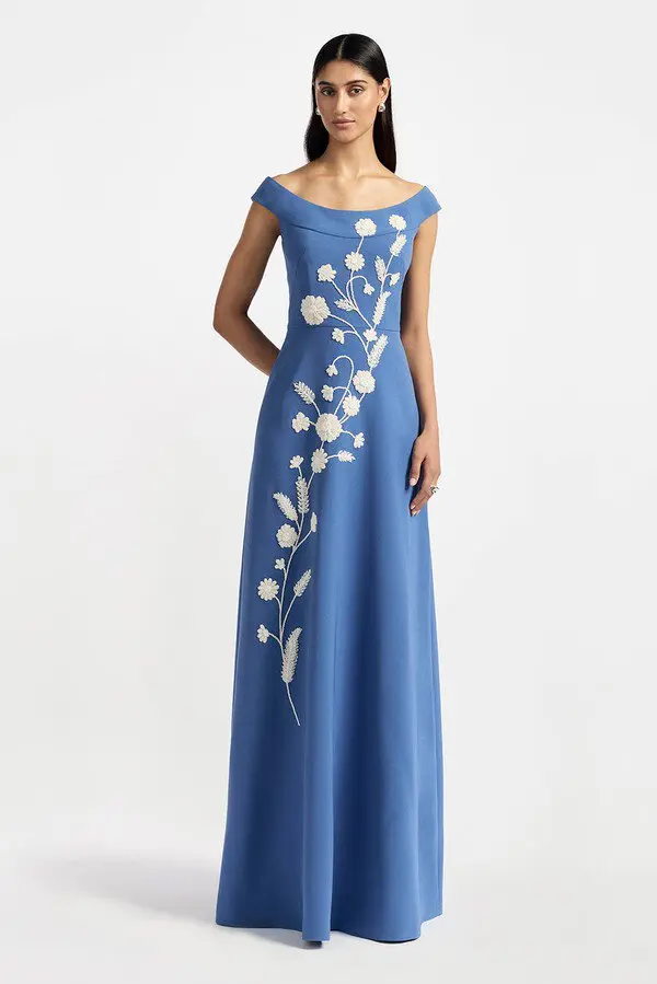 Lela Rose Corded Floral Embroidery Draped Off-The-Shoulder Gown