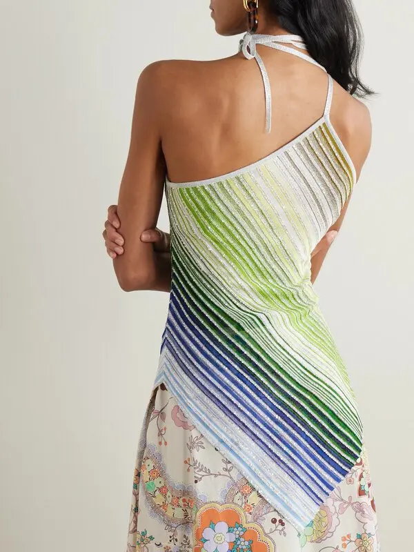 Missoni One-Shoulder Sequin-Embellished Striped Metallic Crochet