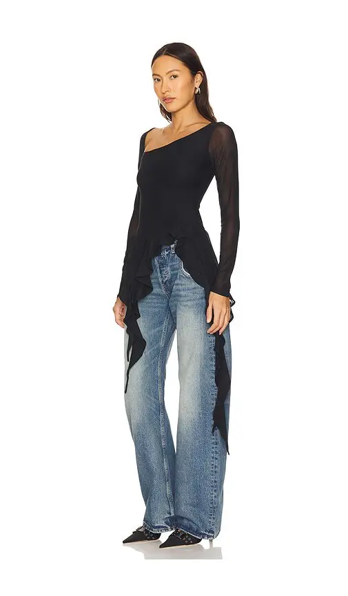 AFRM Doris Asymmetrical Ruffle Mesh Top - Noir