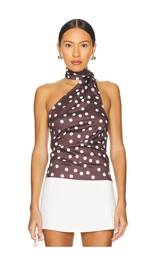 MORE TO COME Rialta Polka Dot Halterneck Top - Brown & White