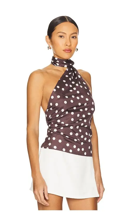 MORE TO COME Rialta Polka Dot Halterneck Top - Brown & White