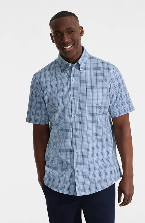 LANDS' END Short Sleeve No Iron Twill Shirt - Light Indigo Blue Plaid