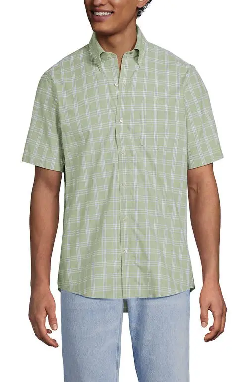 LANDS' END Short Sleeve No Iron Twill Shirt - Light Stone Green Plaid