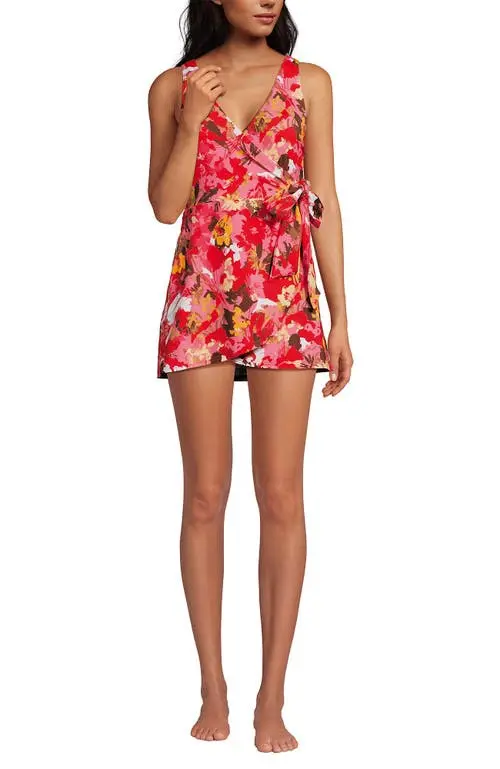 LANDS' END Side Tie Mini Swim Dress - Daylily Red Multi Floral