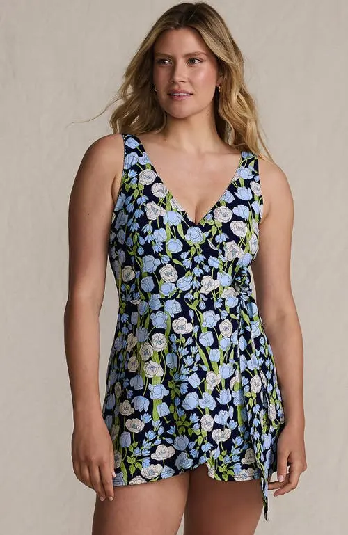 LANDS' END Side Tie Mini Swim Dress - Deep Sea Navy Poetic Floral