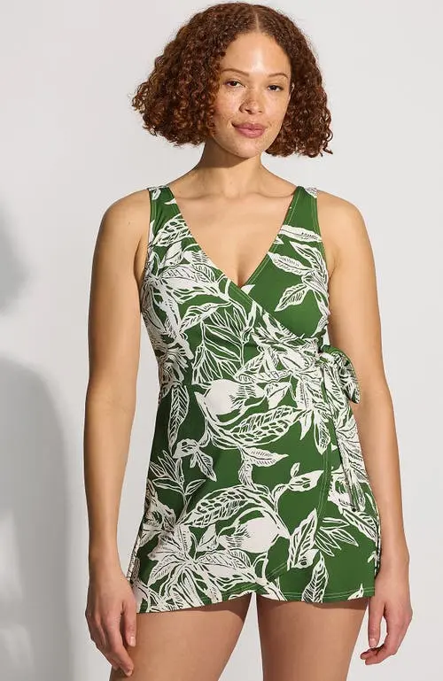 LANDS' END Side Tie Mini Swim Dress - Fusion Green Etched Leaves