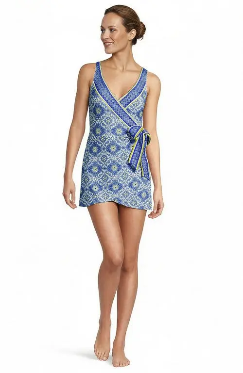LANDS' END Side Tie Mini Swim Dress - Seashell Geo/navy Border