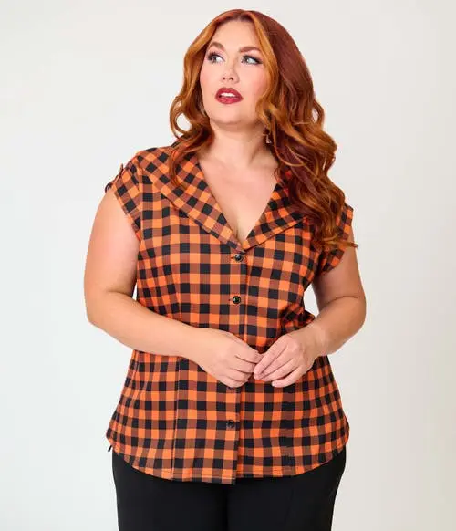 Unique Vintage 1960s Twill Sleeveless Blouse - Orange Gingham