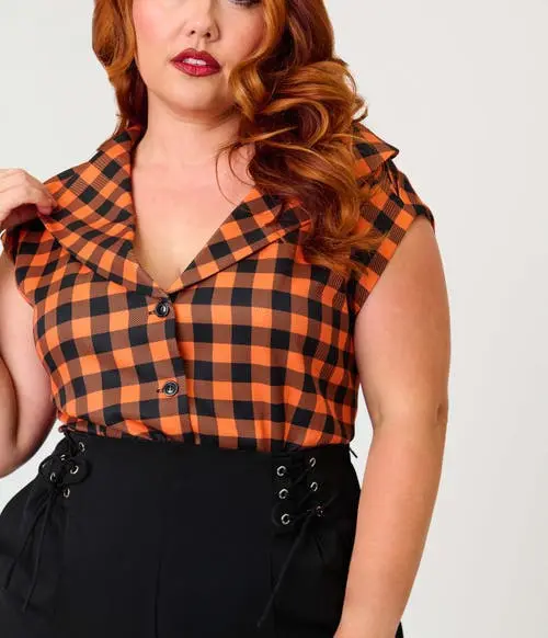 Unique Vintage 1960s Twill Sleeveless Blouse - Orange Gingham