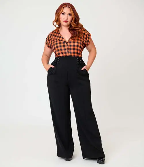 Unique Vintage 1960s Twill Sleeveless Blouse - Orange Gingham