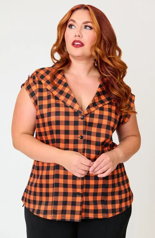 Unique Vintage 1960s Twill Sleeveless Blouse - Orange Gingham