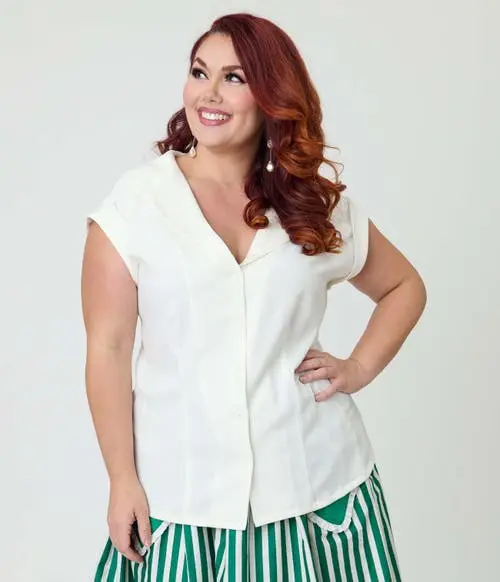 Unique Vintage 1960s Twill Sleeveless Blouse - Solid White