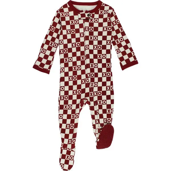 L'OVEDBABY Xo Checkerboard Organic Cotton Zip Footie - Crimson Xo Checker