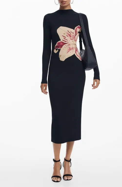 Desigual Lilly Print Long Sleeve Rib Midi Sweater Dress