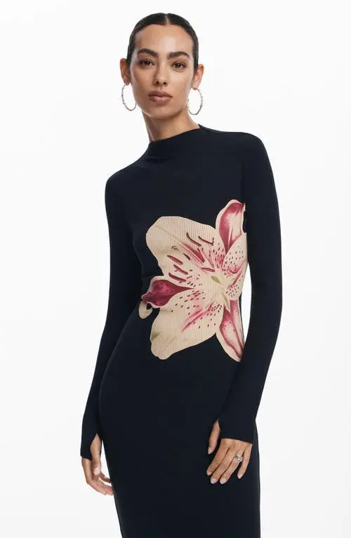 Desigual Lilly Print Long Sleeve Rib Midi Sweater Dress