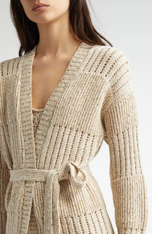 Eleventy Sequin Cotton-blend Belted Cardigan