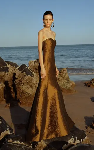 Marmar Halim Pleated Taffeta Fishtail Gown - Gold | Editorialist