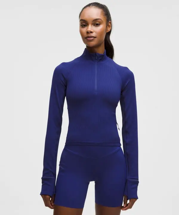 Lululemon It's Rulu Ribbed Cropped Half Zip - Deep Sea Blue