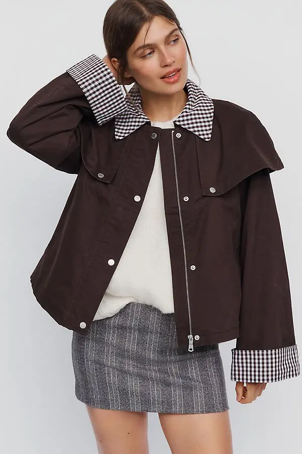Avec Les Filles Gingham Trim Cape Jacket - Java Brown